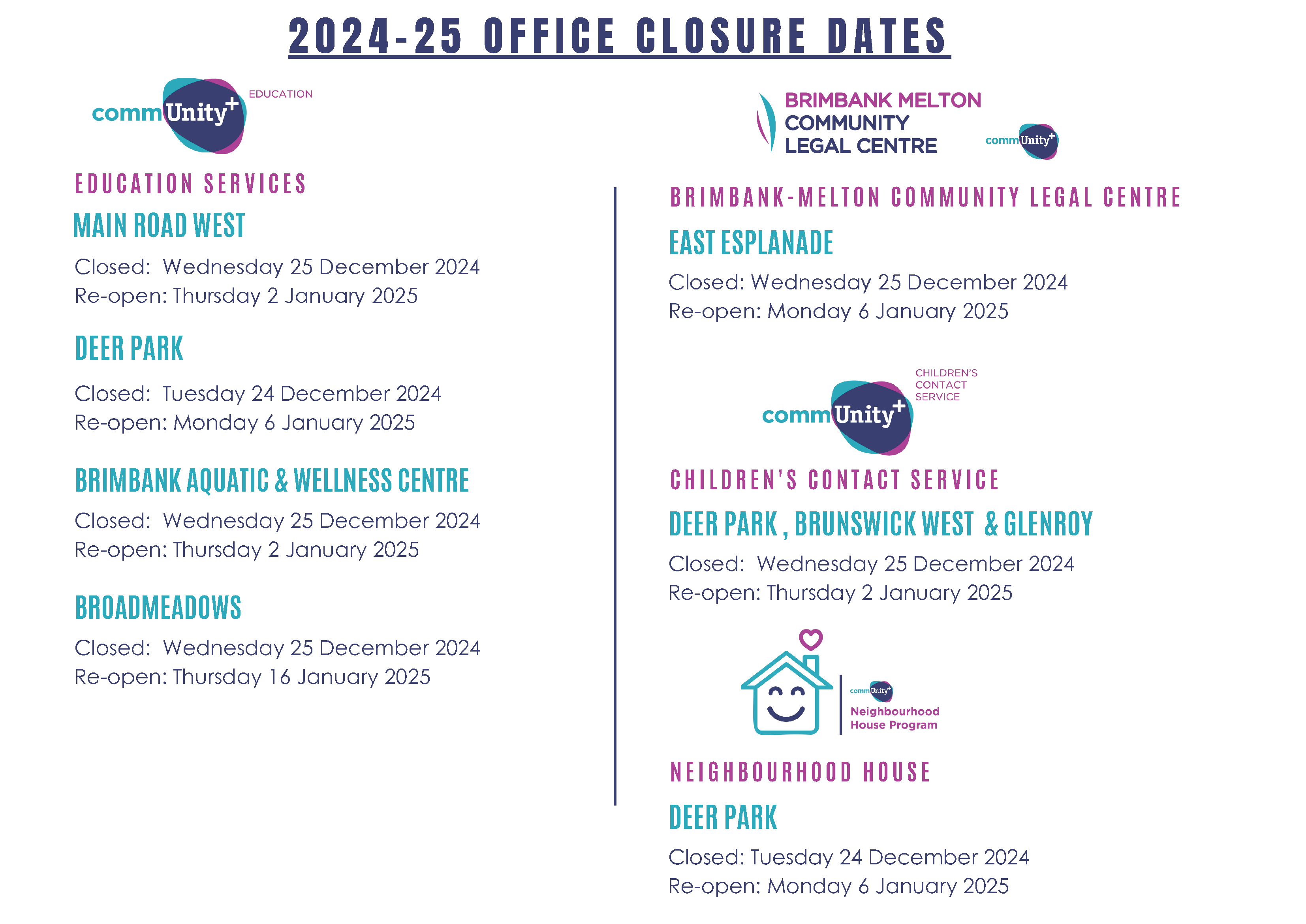 2024 - 2025 Holiday Office Closure and Reopening Dates